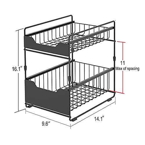 Isharp Spice Rack Kitchen Organizer Cabinet Storage,2-Tier Pull Out Bathroom Storage Under Sink Cabinet Organizers with Sliding Storage Drawer (black)