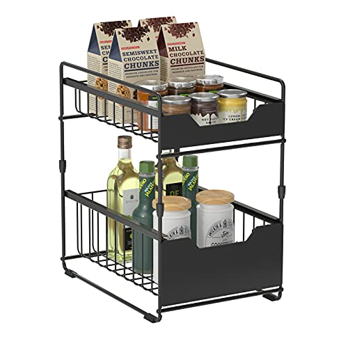 Isharp Spice Rack Kitchen Organizer Cabinet Storage,2-Tier Pull Out Bathroom Storage Under Sink Cabinet Organizers with Sliding Storage Drawer (black)