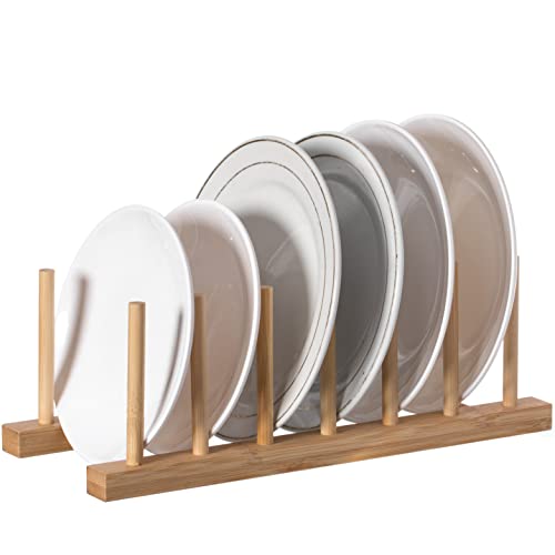 Basicwise Set of 2 Bamboo Wooden Dish Drainer Rack, Plate Rack, and Drying Drainer (6 Grid)