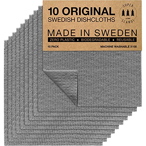 SUPERSCANDI Swedish Dishcloths for Kitchen Grey 10 Pack Reusable Compostable Kitchen Cloth Made in Sweden Cellulose Sponge Swedish Dish Cloths for Washing Dishes