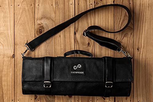 EVERPRIDE Chef Knife Roll Bag Holds 12 Knives and Cooking Tools – Durable, Large Knife Case Made of Canvas and Genuine Leather – Elegant Chef Bag for Professional Cooks – Knives Not Included