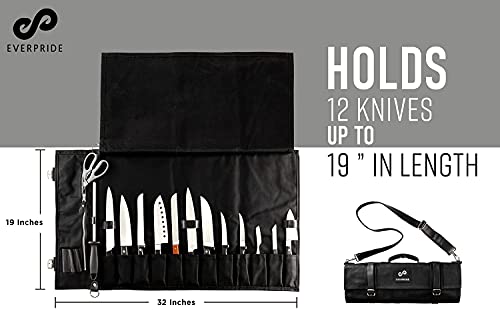 EVERPRIDE Chef Knife Roll Bag Holds 12 Knives and Cooking Tools – Durable, Large Knife Case Made of Canvas and Genuine Leather – Elegant Chef Bag for Professional Cooks – Knives Not Included