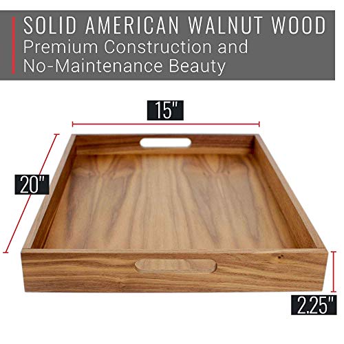 Virginia Boys Kitchens Walnut Wood Serving Tray with Handles - Serve Coffee, Tea, Cocktails, Appetizers, Breakfast in Bed or for Ottomans or Desk - 20x15 Rectangular