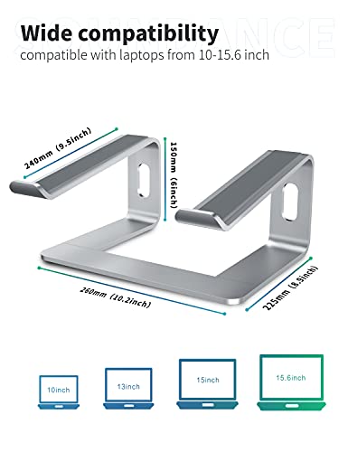 SOUNDANCE Laptop Stand, Aluminum Computer Riser, Ergonomic Laptops Elevator for Desk, Metal Holder Compatible with 10 to 15.6 Inches Notebook Computer, Silver