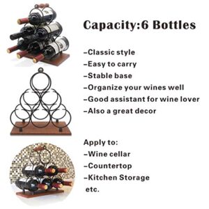 Countertop Wine Rack, Tabletop 6 Bottles Wood Wine Holder, Sturdy Handle, 3-Tier Rustic Classic Design, Simple Assembly, Wood & Metal (Copper)