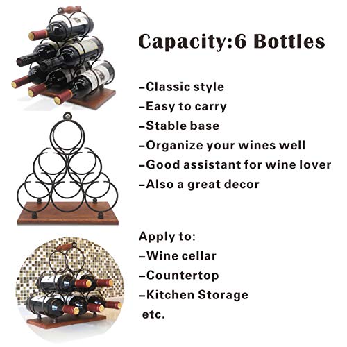 Countertop Wine Rack, Tabletop 6 Bottles Wood Wine Holder, Sturdy Handle, 3-Tier Rustic Classic Design, Simple Assembly, Wood & Metal (Copper)