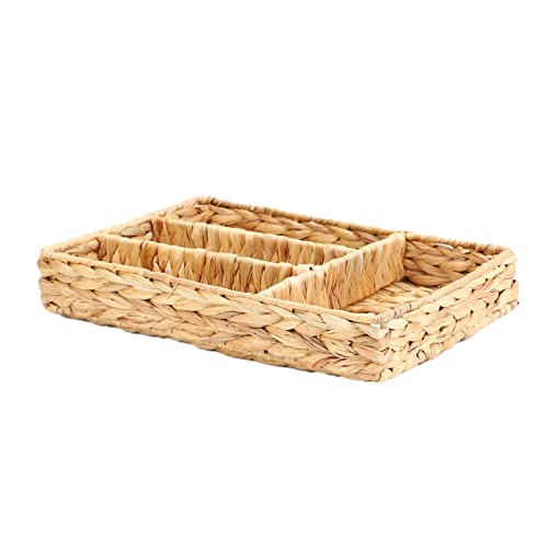 YAHUAN Water Hyacinth Divided Storage Basket Silverware Organizer for Drawer Decorative Woven Water Hyacinth Rectangular 4 Compartment Severing Tray (Water Hyacinth)