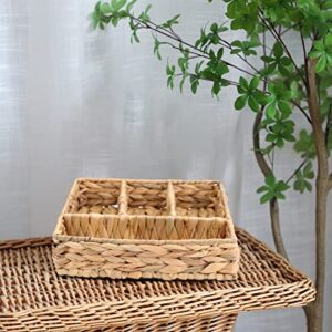 YAHUAN Water Hyacinth Divided Storage Basket Silverware Organizer for Drawer Decorative Woven Water Hyacinth Rectangular 4 Compartment Severing Tray (Water Hyacinth)