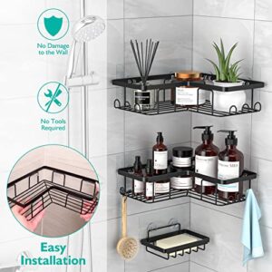 YASONIC Corner Shower Caddy, 3-Pack Adhesive Shower Caddy with Soap Holder and 12 Hooks, Rustproof Stainless Steel Bathroom Shower Organizer, No Drilling Wall Mounted Shower Rack, for Bathroom, Black