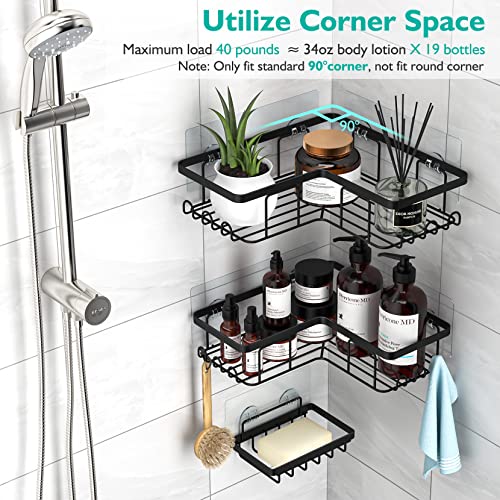 YASONIC Corner Shower Caddy, 3-Pack Adhesive Shower Caddy with Soap Holder and 12 Hooks, Rustproof Stainless Steel Bathroom Shower Organizer, No Drilling Wall Mounted Shower Rack, for Bathroom, Black