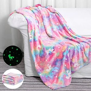 glow in the dark blanket unicorns gifts for girls,girls toys for 1 2 3 4 5 6 7 8 9 10 year old girl gifts,soft kids blankets for easter birthday christmas valentines gifts,60 x 50in