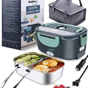 Buddew Electric Lunch Box 80W Food Heater 3 in 1 12/24/110-230V Portable Lunch Warmer Upgraded Leakproof Heated Lunch Box for Car/Truck/Office with SS fork & Spoon and Insulated Carry Bag(Green)