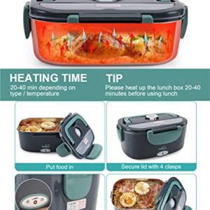 Buddew Electric Lunch Box 80W Food Heater 3 in 1 12/24/110-230V Portable Lunch Warmer Upgraded Leakproof Heated Lunch Box for Car/Truck/Office with SS fork & Spoon and Insulated Carry Bag(Green)