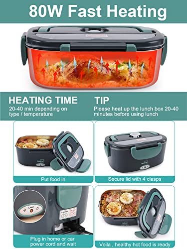 Buddew Electric Lunch Box 80W Food Heater 3 in 1 12/24/110-230V Portable Lunch Warmer Upgraded Leakproof Heated Lunch Box for Car/Truck/Office with SS fork & Spoon and Insulated Carry Bag(Green)