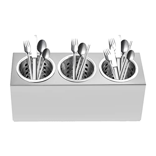 DNYSYSJ Commercial Utensil Holder, 3-Hole Stainless Steel Cylinder Flatware Silverware Utensil Holder Organizer Countertop Forks Spoons Knife Utensil Caddy Compact Cutlery Organizer