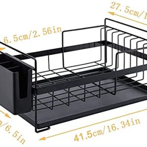 SUNFICON Dish Drainer Dish Drying Rack Kitchen Countertop Dishes Draining Holder Organizer with Drip Tray Cutlery Utensil Holder Heavy Duty Metal RV Studio Small Apartment 18.5x10.83x7.48in,Black