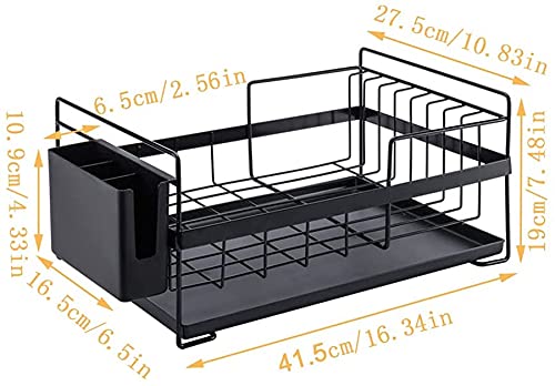 SUNFICON Dish Drainer Dish Drying Rack Kitchen Countertop Dishes Draining Holder Organizer with Drip Tray Cutlery Utensil Holder Heavy Duty Metal RV Studio Small Apartment 18.5x10.83x7.48in,Black