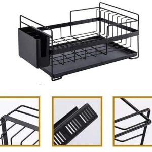 SUNFICON Dish Drainer Dish Drying Rack Kitchen Countertop Dishes Draining Holder Organizer with Drip Tray Cutlery Utensil Holder Heavy Duty Metal RV Studio Small Apartment 18.5x10.83x7.48in,Black