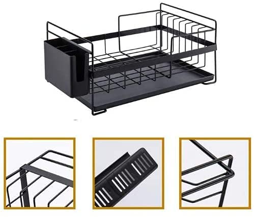 SUNFICON Dish Drainer Dish Drying Rack Kitchen Countertop Dishes Draining Holder Organizer with Drip Tray Cutlery Utensil Holder Heavy Duty Metal RV Studio Small Apartment 18.5x10.83x7.48in,Black