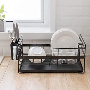 SUNFICON Dish Drainer Dish Drying Rack Kitchen Countertop Dishes Draining Holder Organizer with Drip Tray Cutlery Utensil Holder Heavy Duty Metal RV Studio Small Apartment 18.5x10.83x7.48in,Black