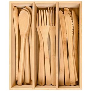 bamboo cutlery reusable with silverware organizer, 16pcs bamboo flatware set with bamboo forks spoons knives, reusable bamboo cutlery with portable storage case for home and travel camping hiking