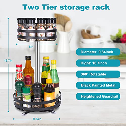 Lazy Susan Spice Rack 2 Tier Organizer for Kitchen Countertop Cabinet Pantry 10 inch Stainless Steel 360° Rotating Spice Rack (Black)