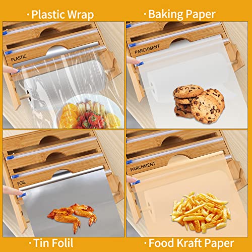 4in1 Foil and Plastic Cling wrap Organizer Dispenser with Cutter，Aluminum foil , Wax Paper Dispenser for Kitchen Drawer Storage , Hangable Roll Organizer Holder, Compatible with 12" Roll