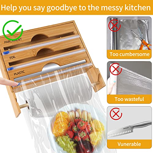 4in1 Foil and Plastic Cling wrap Organizer Dispenser with Cutter，Aluminum foil , Wax Paper Dispenser for Kitchen Drawer Storage , Hangable Roll Organizer Holder, Compatible with 12" Roll