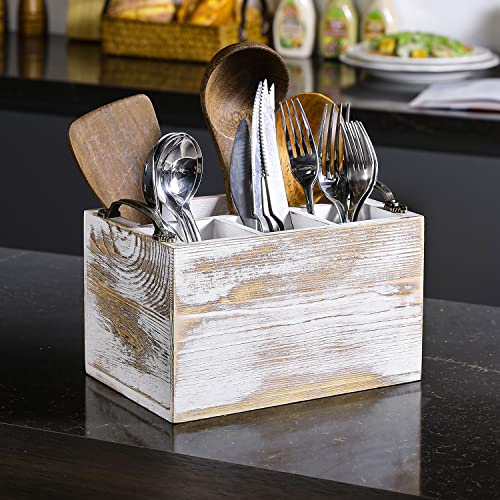 MyGift Vintage White Wood Dining Utensil Caddy and Napkin Holder - 4 Compartment Flatware Serving Storage Organizer with Antique Style Metal Handles