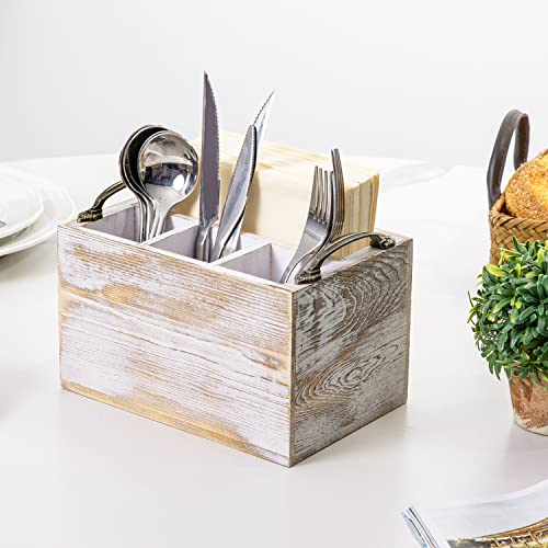 MyGift Vintage White Wood Dining Utensil Caddy and Napkin Holder - 4 Compartment Flatware Serving Storage Organizer with Antique Style Metal Handles