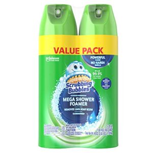 scrubbing bubbles mega shower foamer aerosol, tough foaming bathroom, tile, bathtub and disinfectant shower cleaner (1 aerosol spray), rainshower scent, 20 oz (pack of 2)