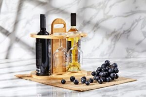 royalhouse bamboo wine rack wooden wine storage set holds 2 bottles and 4 glasses, easy assembly wine stand, wine bottle holder and glass hanger drying rack