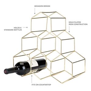 Viski Geo Set of 1 Freestanding Racks & Cabinets, Holds 6 Bottles, Countertop Wine Rack, 14.25", Gold-Plated