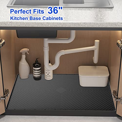 Under Sink Mat,PRETIRENO 34" x 22" Silicone Under Sink Liner for Kitchen & Bathroom Sink Base Cabinets,Under Sink Drip Tray with Lip, Black