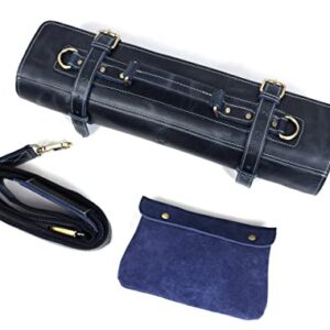 Leather Knife Roll Storage Bag, Elastic and Expandable 10 Pockets, Adjustable/Detachable Shoulder Strap, Travel-Friendly Chef Knife Case (Sapphire Blue, Leather)