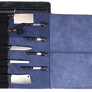 Leather Knife Roll Storage Bag, Elastic and Expandable 10 Pockets, Adjustable/Detachable Shoulder Strap, Travel-Friendly Chef Knife Case (Sapphire Blue, Leather)