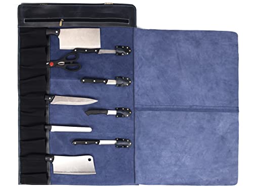 Leather Knife Roll Storage Bag, Elastic and Expandable 10 Pockets, Adjustable/Detachable Shoulder Strap, Travel-Friendly Chef Knife Case (Sapphire Blue, Leather)