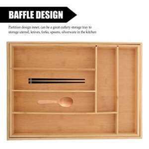 Yardwe Cutlery Tray with 6 Compartments Wood Flatware Organizer Divider Bamboo Silverware Holder Walnut Wooden Utensil Drawer for Kitchen Cutlery Storage (18.1 x 13 Inch)