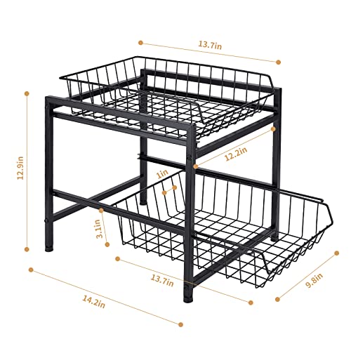 Kixue 2 Tier bathroom organizer，Metal kitchen organizer，Under sink organizer with Sliding Storage Drawer，Pull out cabinet organizer