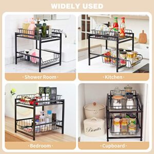 Kixue 2 Tier bathroom organizer，Metal kitchen organizer，Under sink organizer with Sliding Storage Drawer，Pull out cabinet organizer