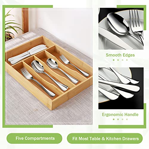 TIMGOU 20 Pcs Silverware Set with Organizer, 18/8 Stainless Steel Cutlery Set with Utensils Bamboo Tray for Kitchen Drawer, Serving Flatware for 4 with Storage Holder