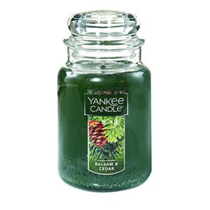 yankee candle balsam & cedar scented, classic 22oz large jar single wick candle, over 110 hours of burn time