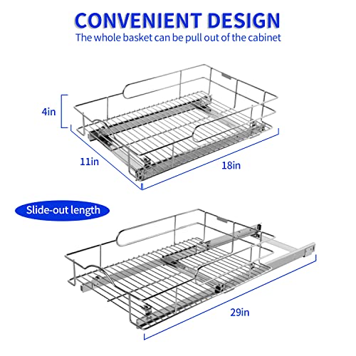 GF-LaLan (11"x18") Pull Out Cabinet Organizer, Heavy Duty Slide Out Kitchen Cabinet Storage Shelves, Roll Extendable Sliding Drawer - 11"W x 18"D- Requires At Least 12" Cabinet Opening, Chrome Finish