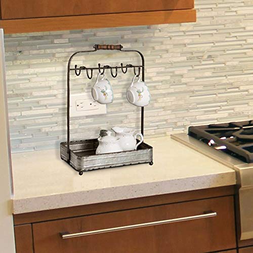 Benzara BM177866 Rustic Galvanized Metal Crockery Holder with Cup Hooks, Gray