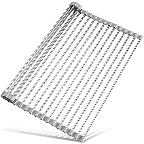 Attom Tech Home 17.7" x 15.5" Large Dish Drying Rack, Roll Up Dish Racks Multipurpose Foldable Stainless Steel Over Sink Kitchen Drainer Rack for Cups Fruits Vegetables