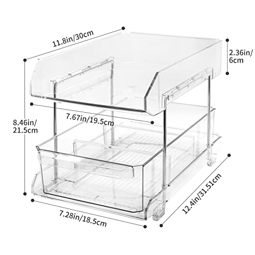 ruishetop 2-Tier Multi-Purpose Pull Out Cabinets Organizer Shelf, Under Sink Cabinet Organizer with Drawer, Sliding Basket Drawer Countertop Organizer Storage for Home Office Kitchen (Clear- 1 Set)