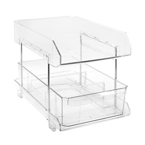 ruishetop 2-Tier Multi-Purpose Pull Out Cabinets Organizer Shelf, Under Sink Cabinet Organizer with Drawer, Sliding Basket Drawer Countertop Organizer Storage for Home Office Kitchen (Clear- 1 Set)