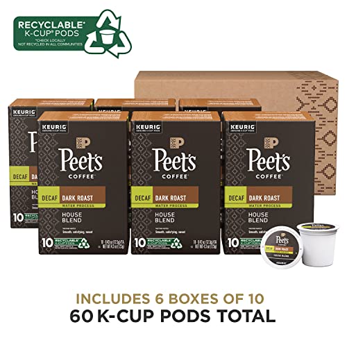 Peet's Coffee, Dark Roast Decaffeinated Coffee K-Cup Pods for Keurig Brewers - Decaf House Blend 60 Count (6 Boxes of 10 K-Cup Pods)