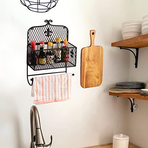 Wire Basket with Paper Towel Holder, Toilet Paper Towel Holder Wall Mount, Shelf with Paper Towel Rack, Metal Paper Towel Holder and Multi-Purpose Basket for Kitchen Bathroom Bar, Matte Black