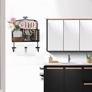 Wire Basket with Paper Towel Holder, Toilet Paper Towel Holder Wall Mount, Shelf with Paper Towel Rack, Metal Paper Towel Holder and Multi-Purpose Basket for Kitchen Bathroom Bar, Matte Black